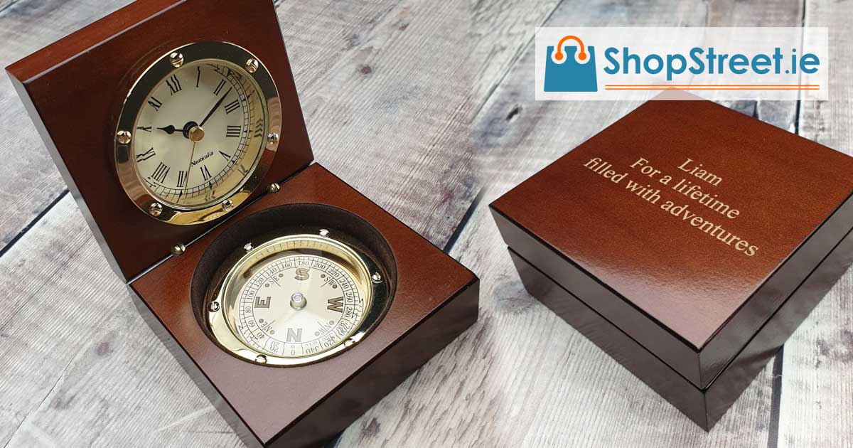 Personalised Compass & Clock In Wooden Case | ShopStreet.ie